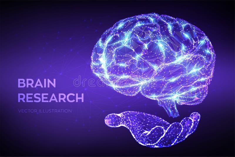 Brain. Low Poly Abstract Digital Human Brain in Hand. Neural Network ...