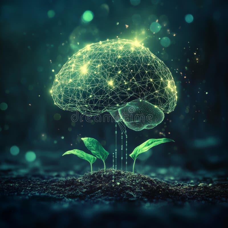 A Brain Made of Green Leaves and Wires Stock Illustration ...