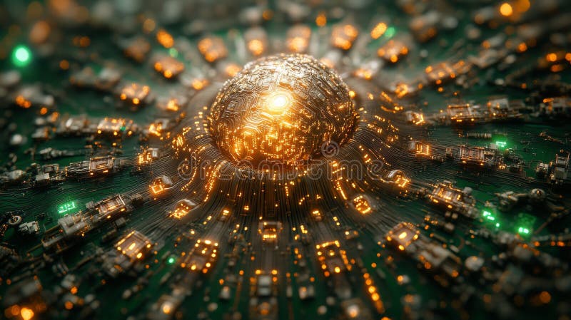 A Brain Made of Intricate Green and Gold Circuit Boards with Glowing ...