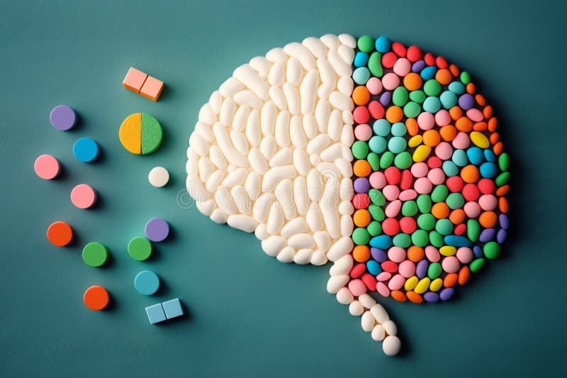 Brain Made of Pills. Top View. Generative AI. Stock Illustration ...