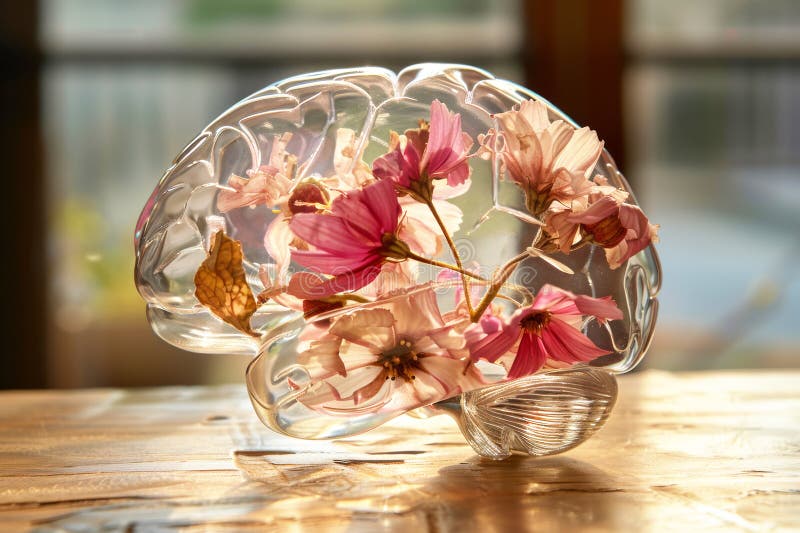 Brain Made of Translucent Glass with Dried Simple Flowers Inside Stock ...