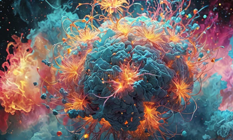Brain with Many Colorful, Exploding, and Exploding Stock Illustration ...