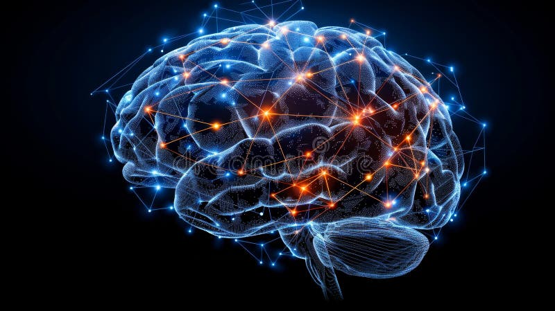 A Brain with Many Connections is Shown in a Blue and Orange Color ...