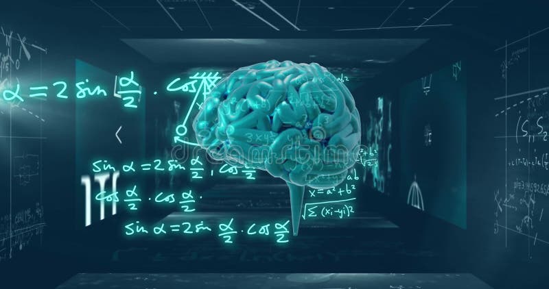 Brain with Mathematical Equations and Formulas Animation Over Dark ...