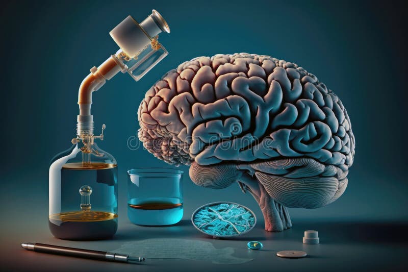 Brain with a Microscope and Flask, Representing Scientific Research ...