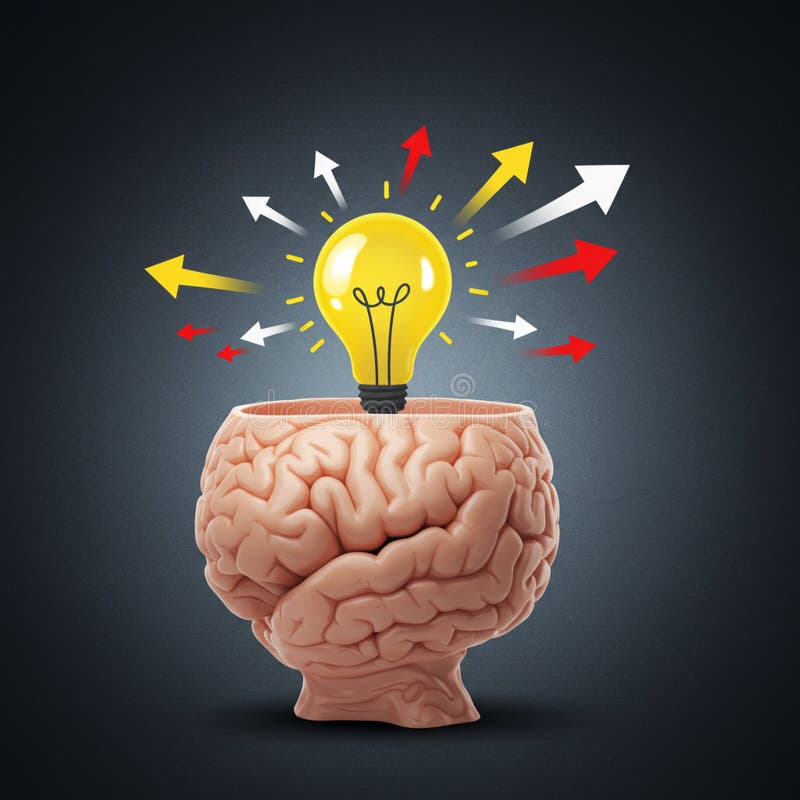 A Brain Model is Depicted with a Light Bulb Emerging from the Top ...