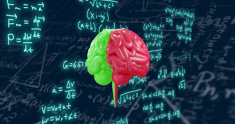 Brain Model with Mathematical Equations Animation Over Dark Background ...