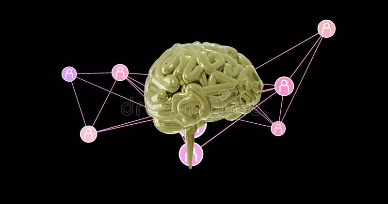 Brain Model with Network Connections and User Icons Animation on Black ...