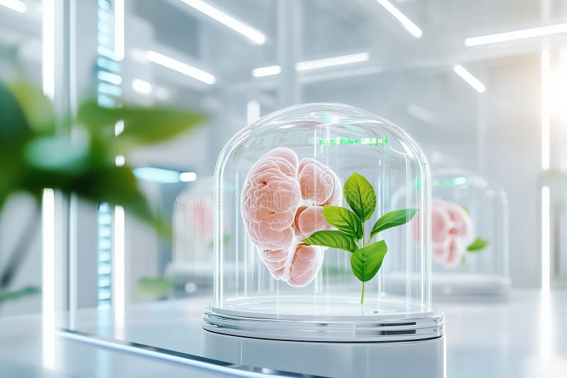 Brain Model Nurtured by Plant Inside Transparent Dome. Setting is a ...