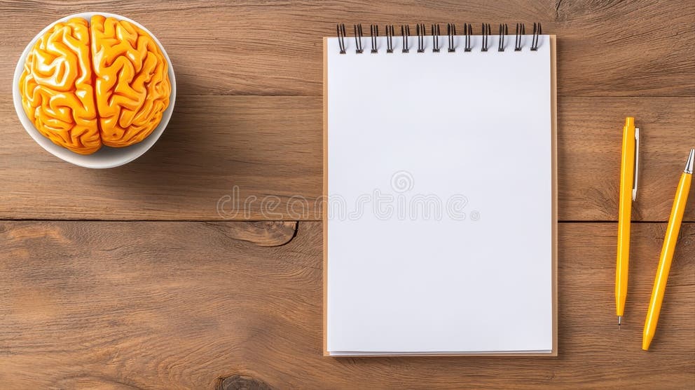 A Brain Model and Open Notebook Sit on a Wooden Table with Two Pens ...