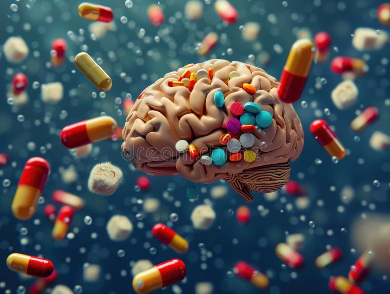 A Realistic Brain Model Surrounded by Various Colorful Pills Stock ...