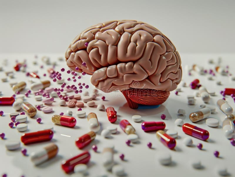 A Realistic Brain Model Surrounded by Various Colorful Pills Stock ...