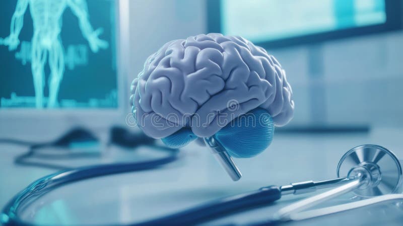 A Brain Model Sitting on Top of a Desk Next To a Stethoscope Stock ...