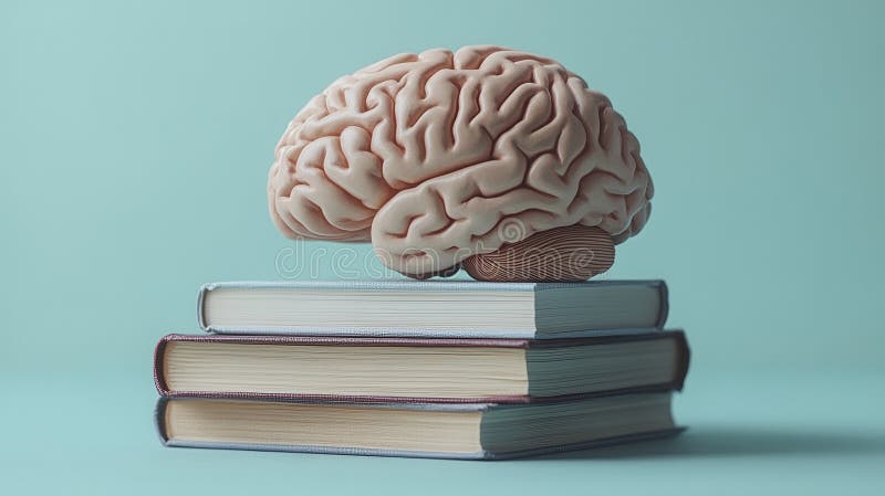 Brain Model on Stack of Books Against Light Blue Background for ...