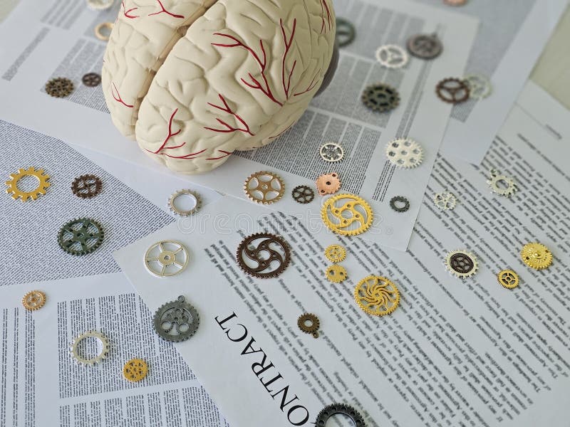 Brain Model Surrounded by Gears and Contract Papers on a Table Concept ...
