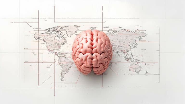 Brain Model on World Map Background for Global Intelligence Concept Stock Illustration ...