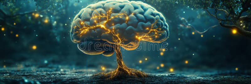 A Brain Morphs into a Tree, Featuring Luminous Neural Branches and ...
