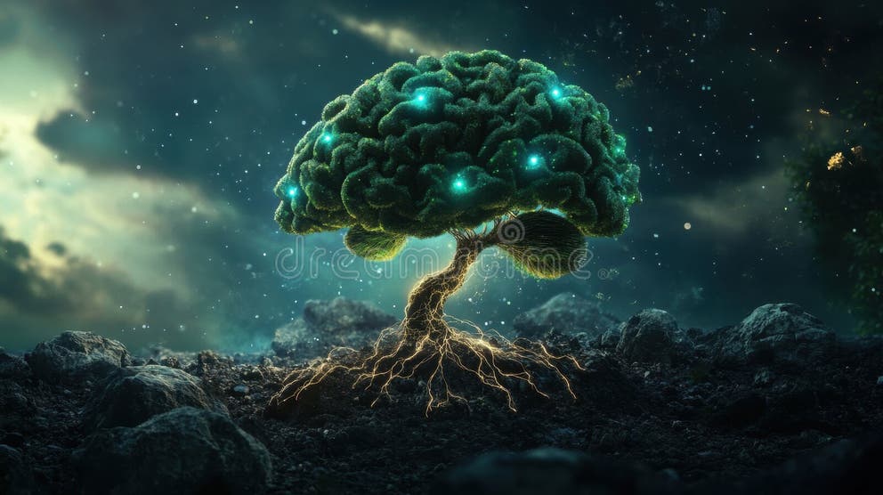 A Brain Morphs into a Tree with Illuminated Neural Branches and Roots ...