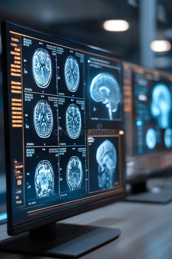 Brain MRI Scans on Multiple Monitors High-Tech Neurological Diagnostics ...