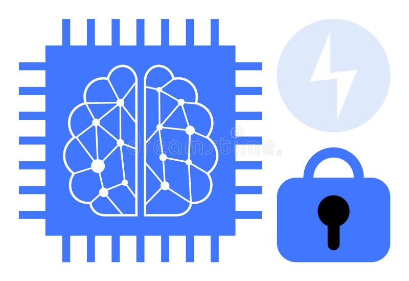 Brain with Neural Network in Microchip with Lightning Bolt and Lock ...