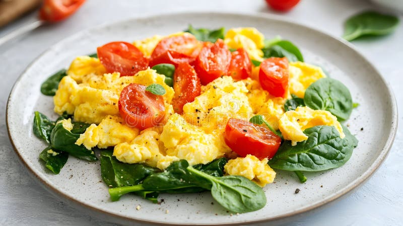 Plate of Scrambled Eggs with Spinach and Tomatoes Stock Illustration ...