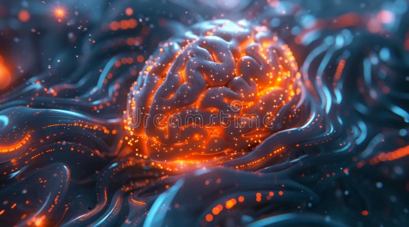 The Brain with Orange Glowing Lights, in the Style of Detailed ...