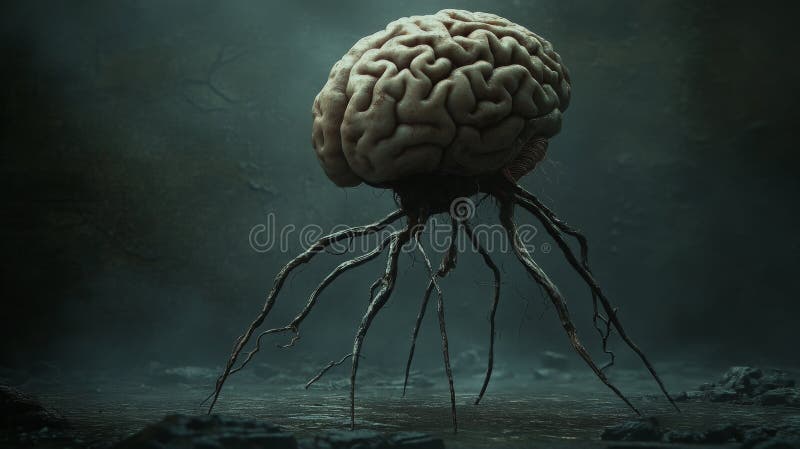 Brain with Organic Root-like Extensions in Dark Setting Stock ...