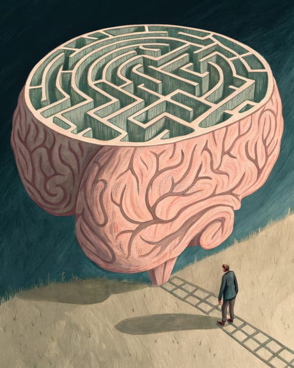 A Brain Portrayed As a Vast Maze with a Tiny Figure Lost Inside ...