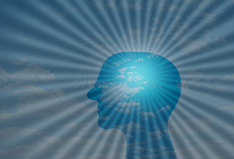 Brain Power Concept Positive Thinking. Human Head in Front of Sun Rays ...
