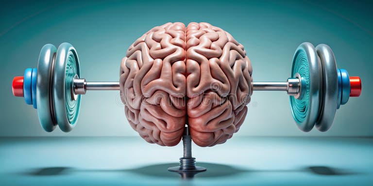 Brain Power 3D Render of a Human Brain Lifting Weights Against a Blue ...