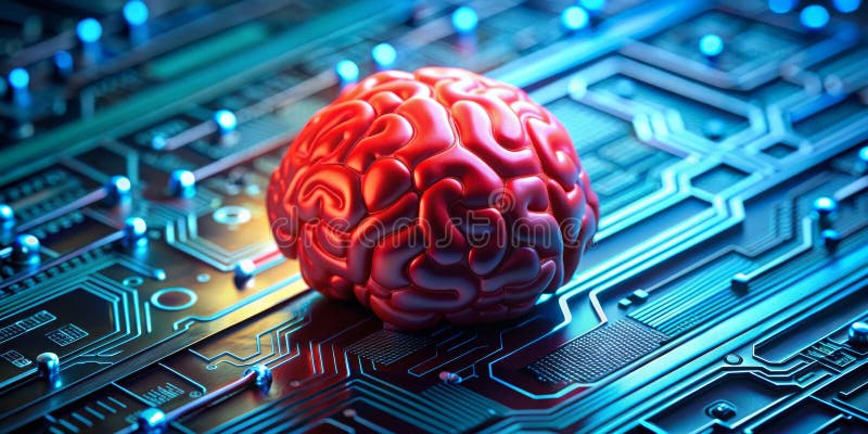 Brain Power a 3D Rendering of a Red Brain on a Circuit Board with Blue ...