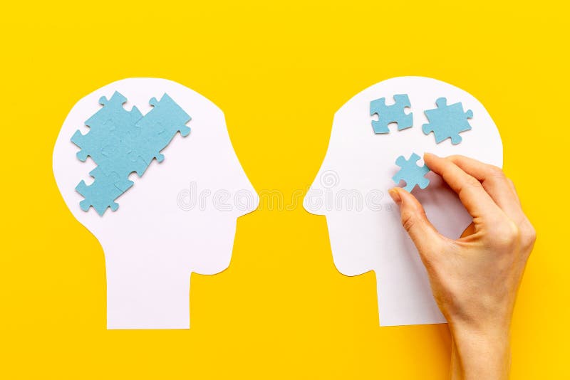 Brain Puzzles on Two Human Heads. Communication and Connection Concept ...