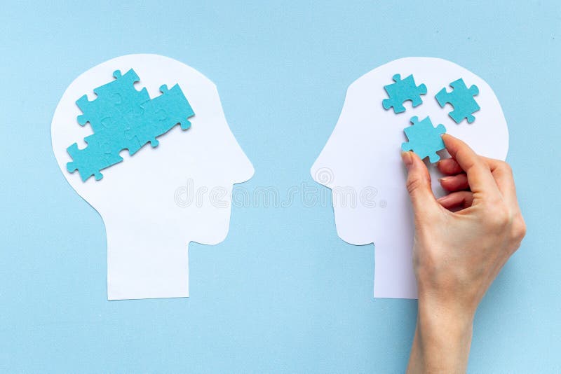 Brain Puzzles on Two Human Heads. Communication and Connection Concept ...