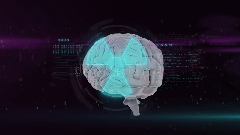 Brain with Radiation Symbol and Digital Data Processing Animation Stock ...