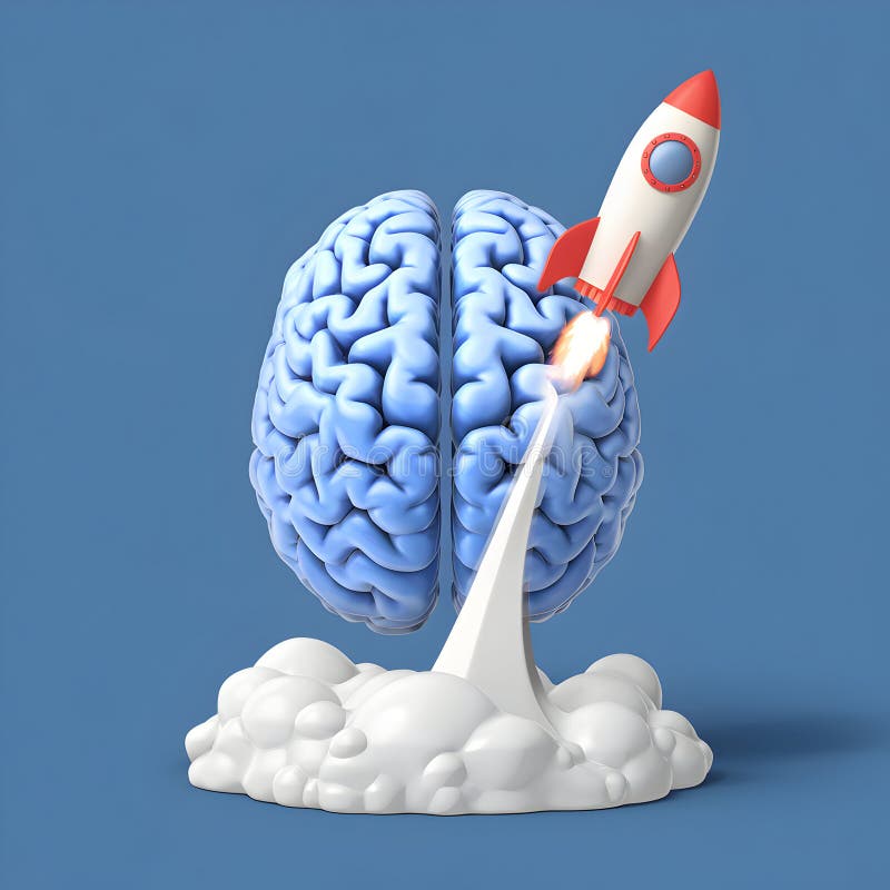 Brain with Rocket Launching from Base, Symbolizing Intellectual Breakthroughs and Inspiration ...