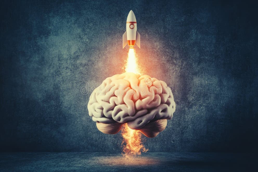 Brain with Rocket Launching from the Top in Abstract Concept Art Stock ...