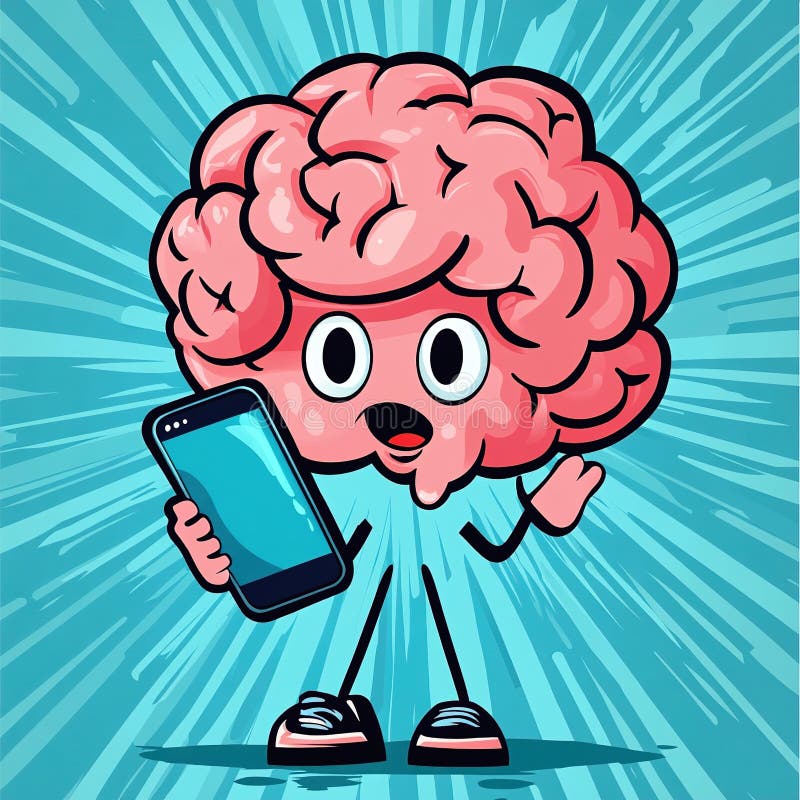 Brain Rot Concept. Comic Illustration of a Brain Holding a Smartphone ...