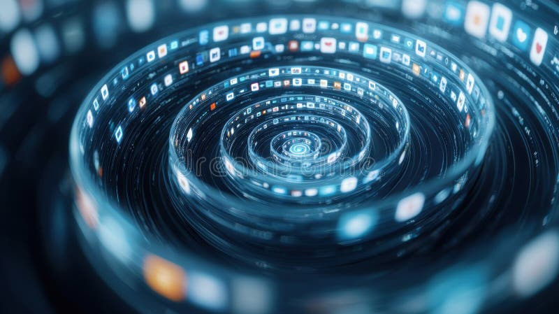 Brain Rot Concept. Digital Spiral of Glowing Icons and Data Streams in ...