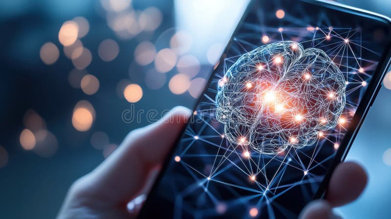 Brain Rot Concept. Hand Holding a Smartphone Displaying a Wireframe ...