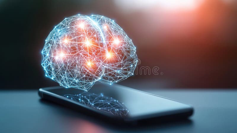 Brain Rot Concept. Wireframe Brain Connected To a Smartphone ...