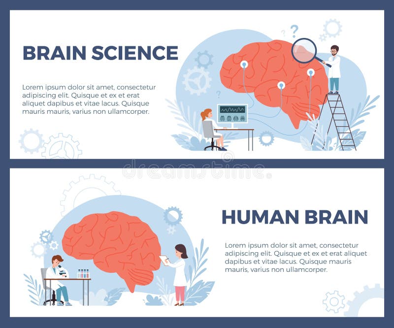 Brain Science and Neurology Posters Set with Neuroscientists, Flat ...