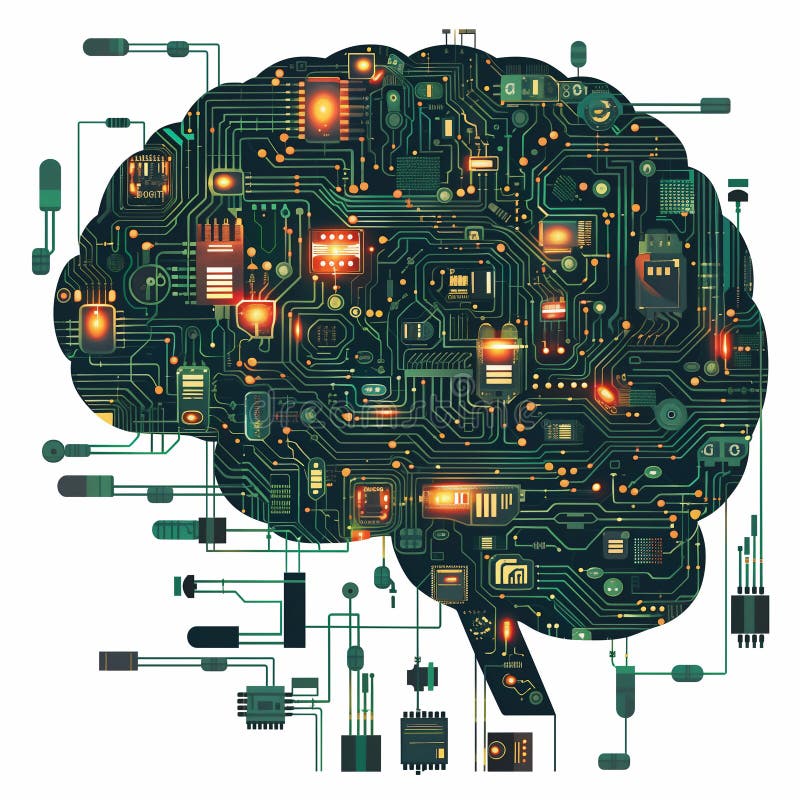 Brain Shaped Circuit Board with Microchips Raster Stock Photo - Image ...
