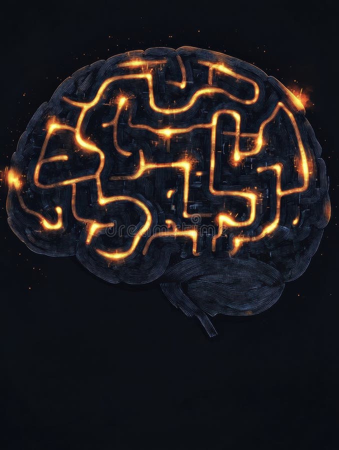 A Brain-shaped Labyrinth with Glowing Paths Symbolizes Intricate ...