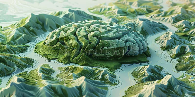 Brain-Shaped Landscape with Green Hills and Rivers, Symbolizing ...