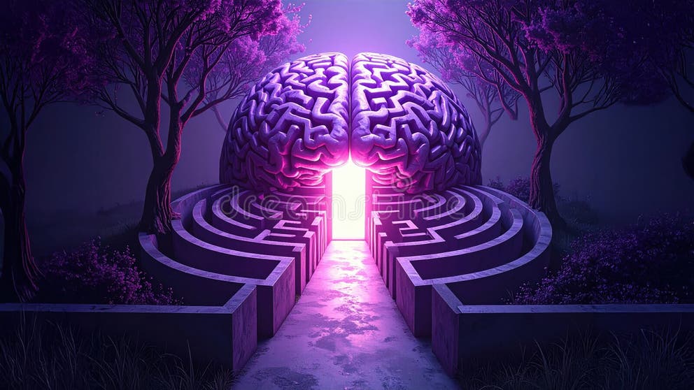 Brain-shaped Maze in Purple Tones with a Glowing Exit. Generative AI ...