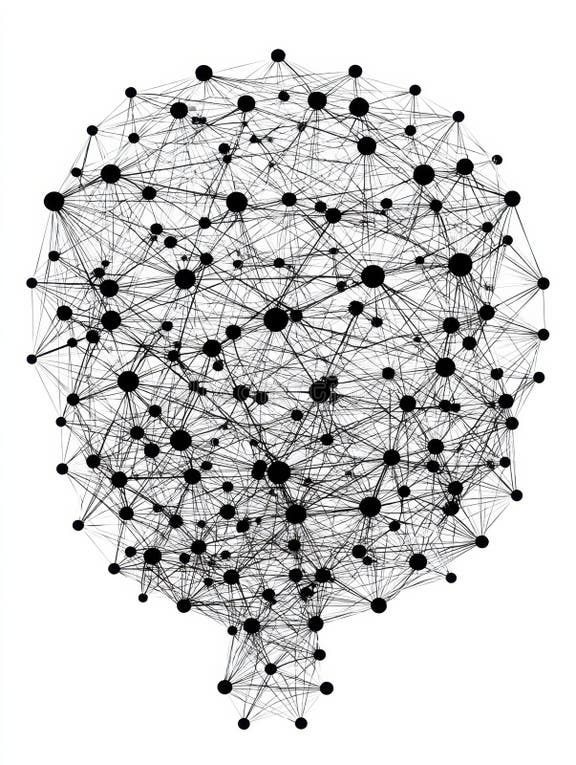 Brain-shaped Network of Connected Nodes Illustrating Complex Information Processing and ...