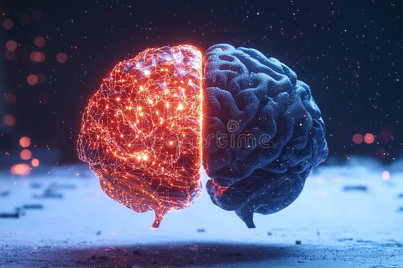 Brain Shaped Neural Network, Glowing with Ethics on One Side, Distorted ...