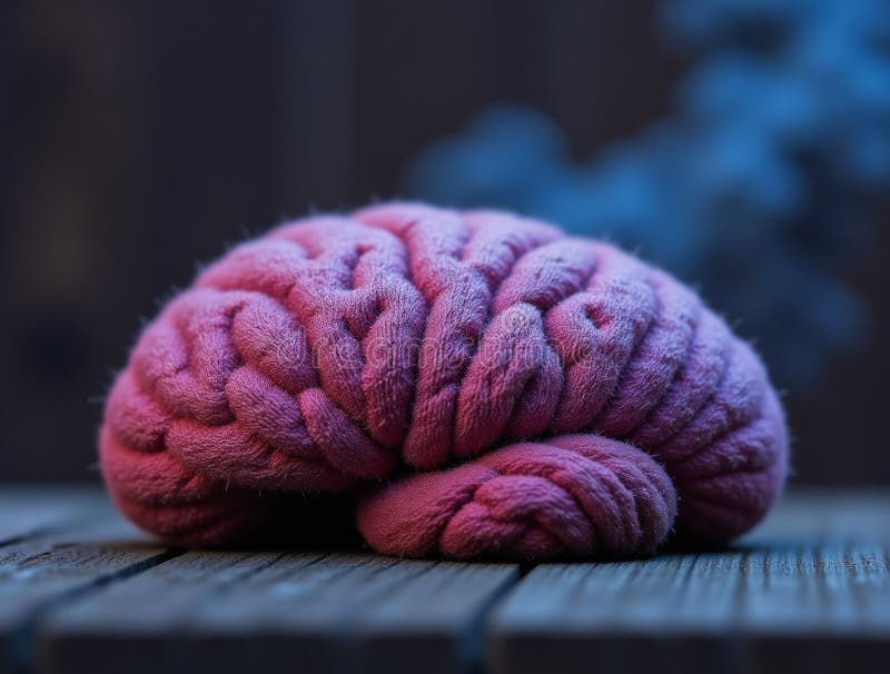 Brain-shaped Plush Rests on a Wooden Surface, Creating a Unique Blend ...