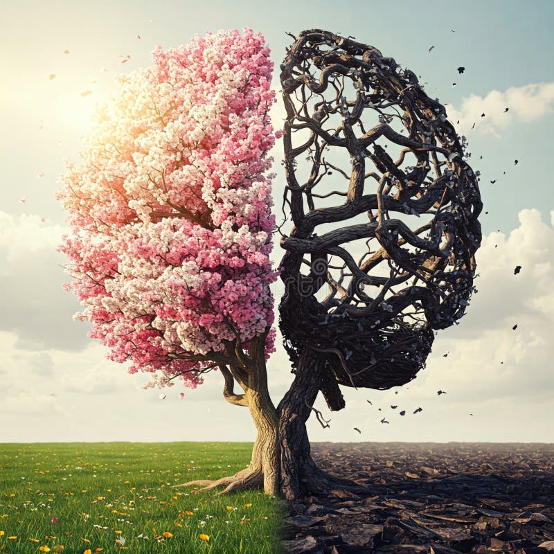 Brain-Shaped Tree Half Alive Stock Illustration - Illustration of ...