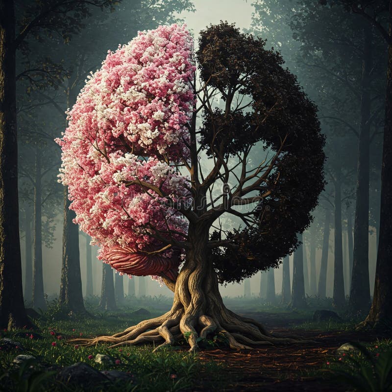 Brain-Shaped Tree Half Alive Stock Illustration - Illustration of ...